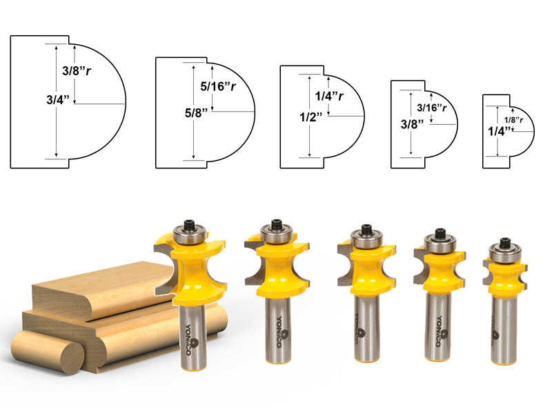 5 Bit Bullnose Router Bit Set - 1/2" Shank - Yonico 13515 689791537966 ...