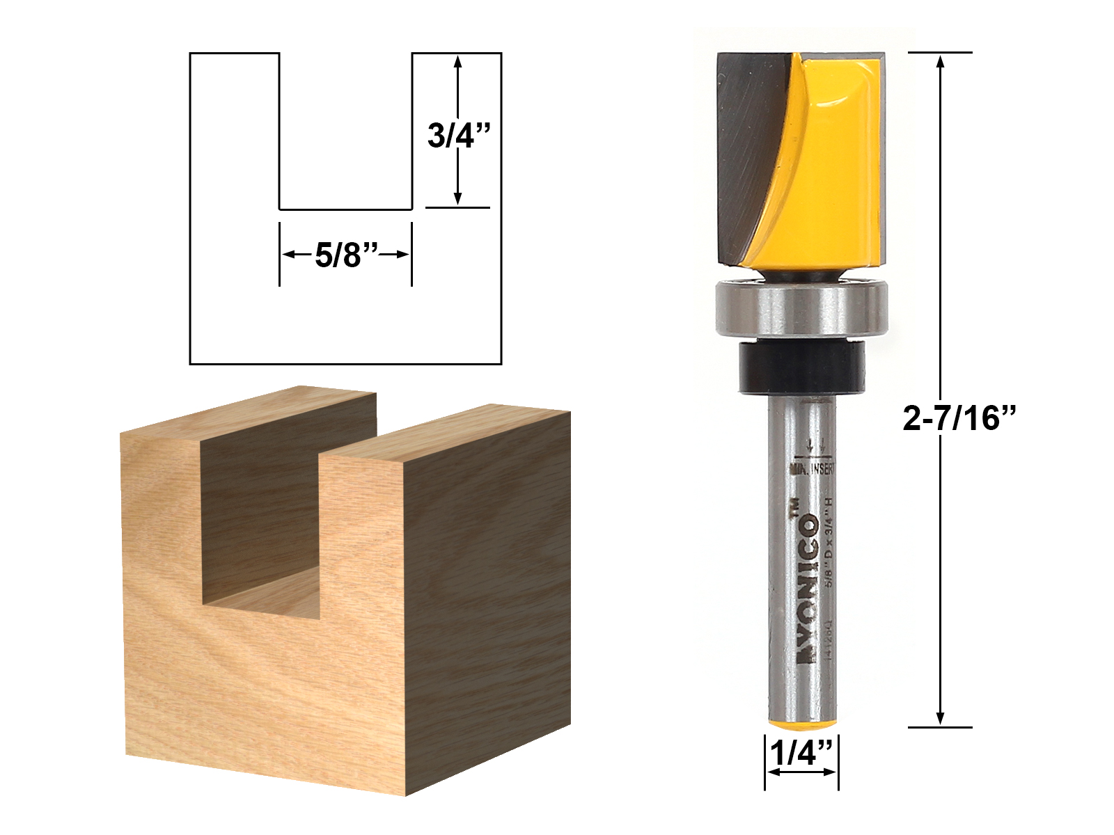5/8" Diameter Flush Trim Template Router Bit - 1/4" Shank - Yonico ...