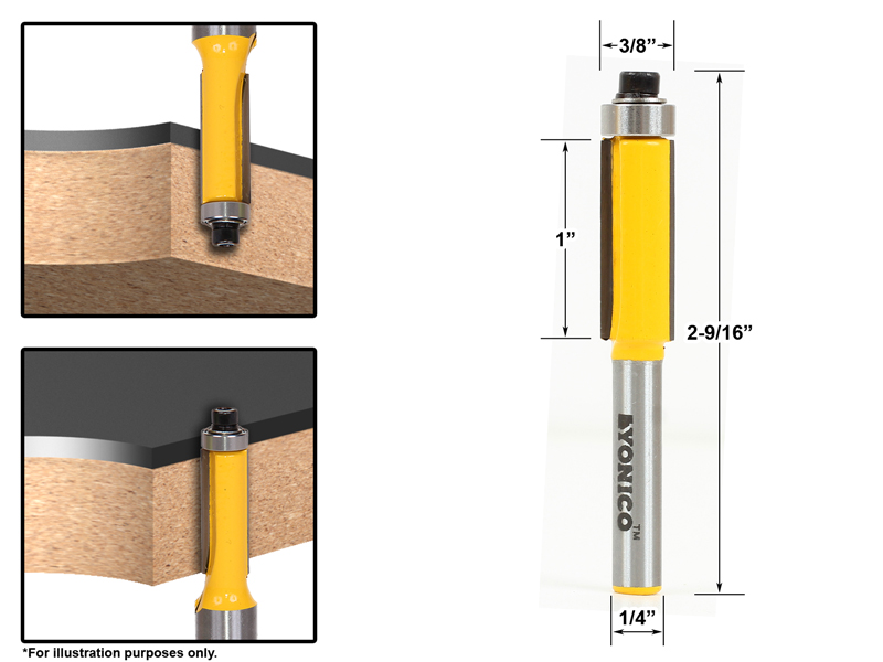 1" Height X 3/8" Diameter Flush Trim Router Bit - 1/4" Shank - Yonico ...